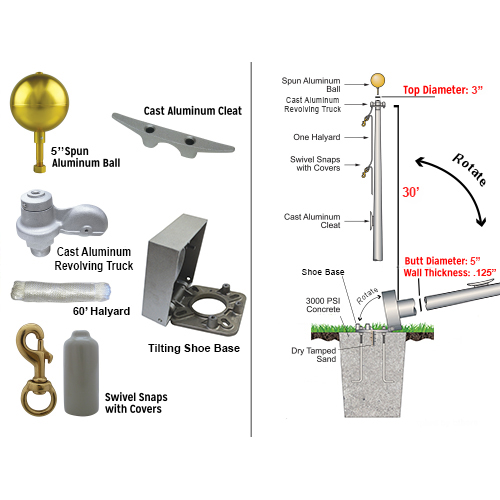 30' Standard Commercial Hinged-Base Flagpole - Hinged-Base Tilting ...